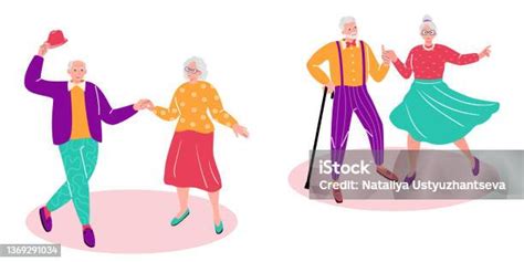 행복한 연금 수령자는 친구들과 춤을 추고 좋은 분위기에서 즐거운 시간을 보내고 있습니다 선임 댄서 오래된 귀여운 사랑하는 커플의 벡터 플랫 초상화 만화 스타일의 캐릭터
