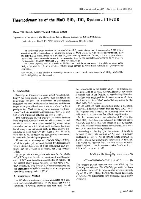 Pdf Thermodynamics Of The Mno Sio2 Tio2 System At 1673 K