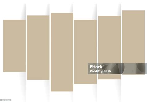 그림자가 있는 6개의 세로 배너 높이가 다른 6개 부품의 모듈식 페인팅 벡터 사실적인 모형 베이지의 빈 줄무늬 종이 시트에서