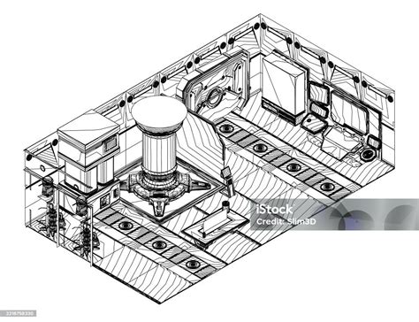 매끄럽고 각진 건축과 첨단 기술 장비를 갖춘 미래형 공상 과학 실험실 디자인은 빛나는 패널 금속 표면 및 복잡한 기계를 특징으로