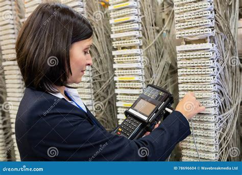 Technician Using Digital Cable Analyzer Stock Photo Image Of Adjusting Checking