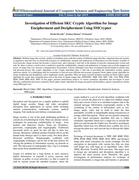 Pdf Investigation Of Efficient Skc Cryptic Algorithm For Image Encipherment And Decipherment