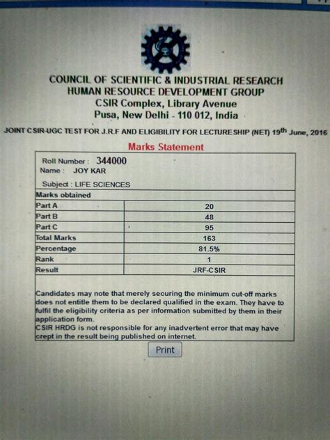 csir lifesciences csir june 2016 1st ranker score card