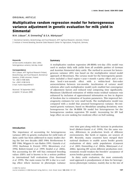 Pdf Multiplicative Random Regression Model For Heterogeneous Variance Adjustment In Genetic