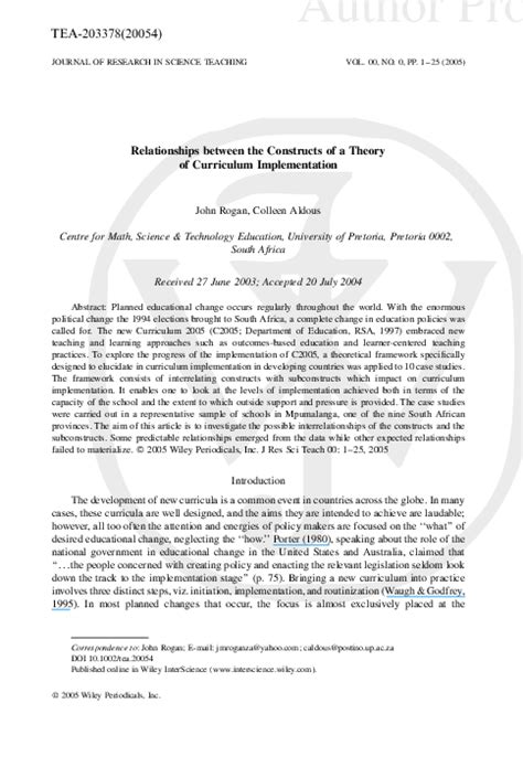 Pdf Relationships Between The Constructs Of A Theory Of Curriculum Implementation