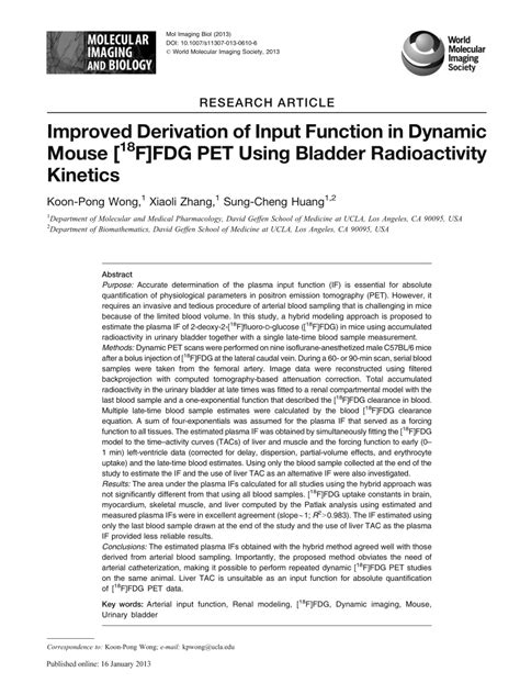 Pdf Improved Derivation Of Input Function In Dynamic Mouse 18f Fdg