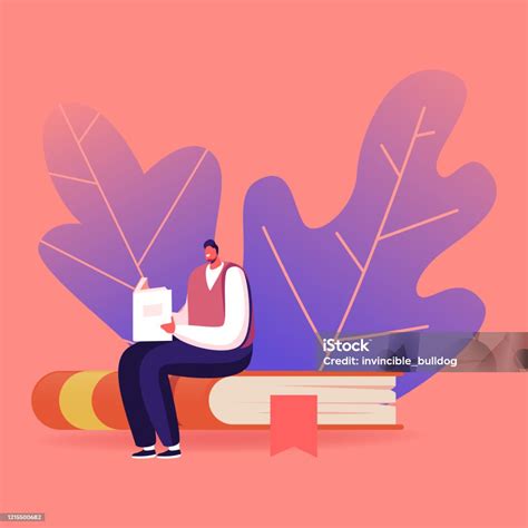 남성 캐릭터 열정적으로 거대한 책에 앉아 읽기 청남 학생은 도서관에서 시간을 보내거나 대학에서 문법 시험 시험을 준비하여 지식을 습득합니다 만화 벡터 일러스트레이션 읽기에