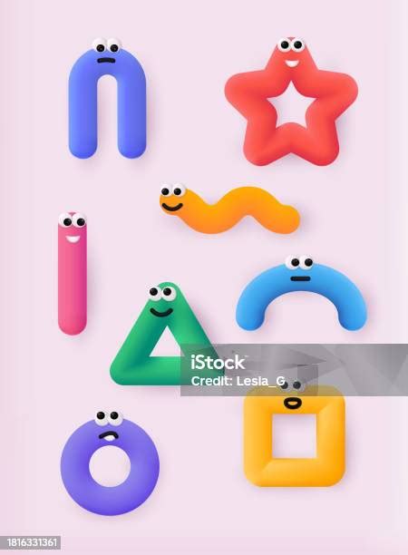 얼굴 감정을 가진 다양한 밝은 기하학적 인물의 집합입니다 귀엽고 재미있는 캐릭터 3d 웹 벡터 일러스트레이션 개념에 대한 스톡 벡터 아트 및 기타 이미지 Istock