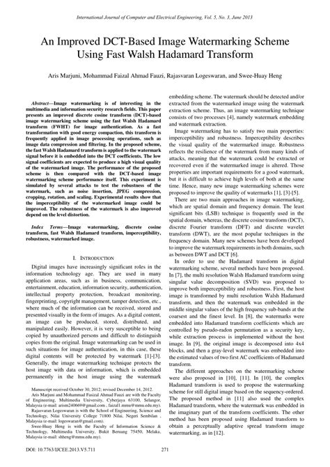 Pdf An Improved Dct Based Image Watermarking Scheme Using Fast Walsh Hadamard Transform