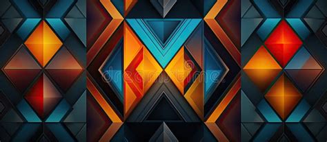 A Colorful Geometric Pattern With Triangles And Diamonds On A Dark Background Stock Illustration