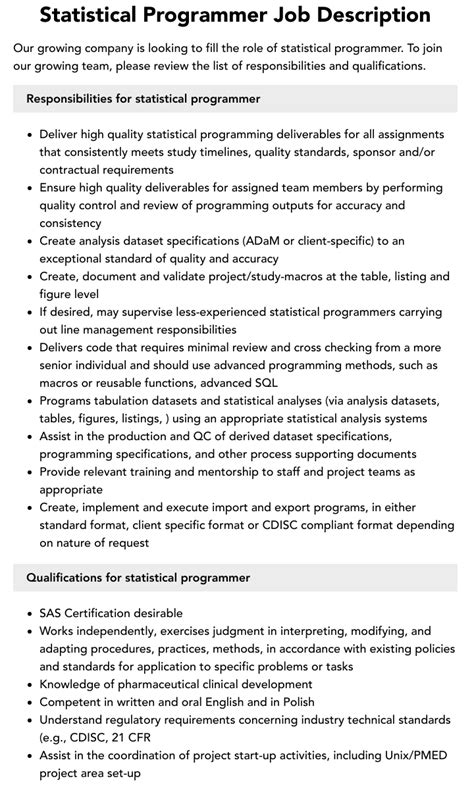 Statistical Programmer Job Description Velvet Jobs