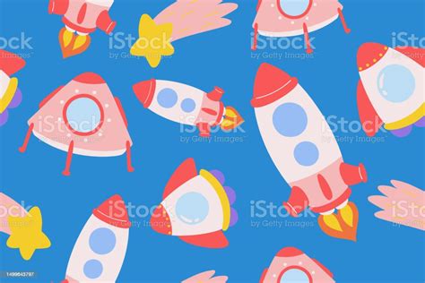 Kawaii 우주 공간 매끄러운 패턴 배경입니다 귀여운 우주 완벽한 어린이 의류 낙서 만화 은하계 탐험 우주 트렌디 포장 섬유 콜라주 그래픽 인쇄 벡터 일러스트레이션 과학에