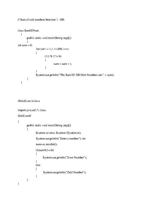 Java Program Sum Of Odd Numbers Between 1 200 Class Sumofnum Public Static Void Main