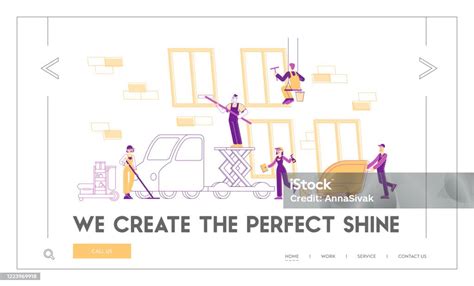 작업 방문 페이지 템플릿에서 전문 청소기의 서비스 거대한 창문 걸레 질 청소 문지르기 스윕 장비 청소 실과 유니폼문자 선형 사람 벡터 일러스트레이션 가사 집안일에 대한 스톡