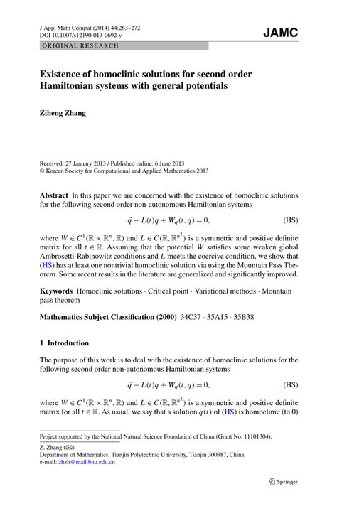 Pdf Existence Of Homoclinic Solutions For Second Order Hamiltonian Systems With General Potentials