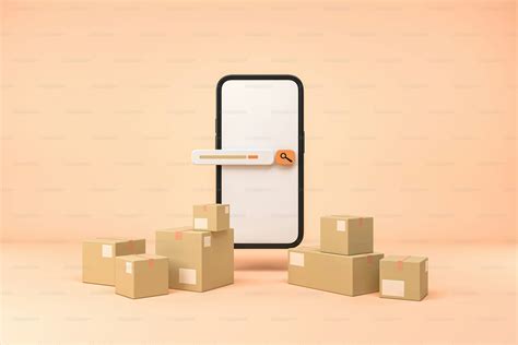 검색 필드 다른 골판지 상자가있는 스마트 폰 베이지색 배경에서 쇼핑하기 위한 모바일 앱입니다 소포 추적의 개념입니다 전화
