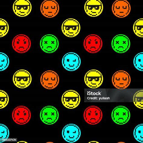 이모티콘 웃는 얼굴 벡터 원활한 패턴 검은 색 배경에 픽셀 아트의 다른 이모티콘 아이콘 선글라스 우울 재미 죽은 화가 에 시원한 디지털 플랫 8 비트 아이콘의 크립톨렉션