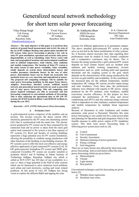 Pdf Generalized Neural Network Methodology For Short Term Solar Power Forecasting