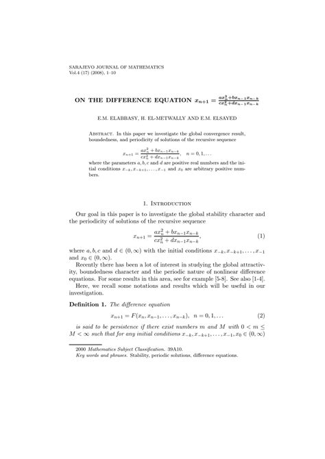 pdf on the difference equation x n 1 ax n 2 bx n 1 x n k cx n 2 dx