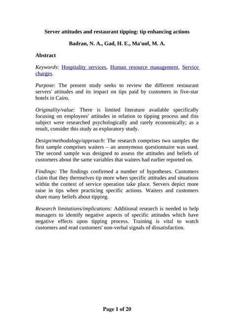 Pdf Server Attitudes And Restaurant Tipping Tip Enhancing Actions