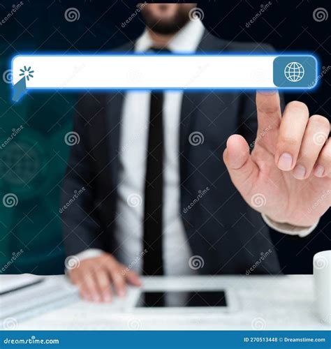 Man In Black Office Suit Sitting At The Table And Pressing Virtual