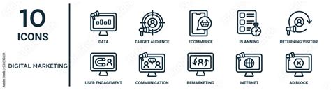 Digital Marketing Outline Icon Set Includes Thin Line Data Ecommerce