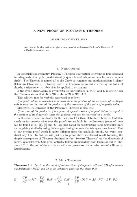 Pdf A New Proof Of Ptolemys Theorem
