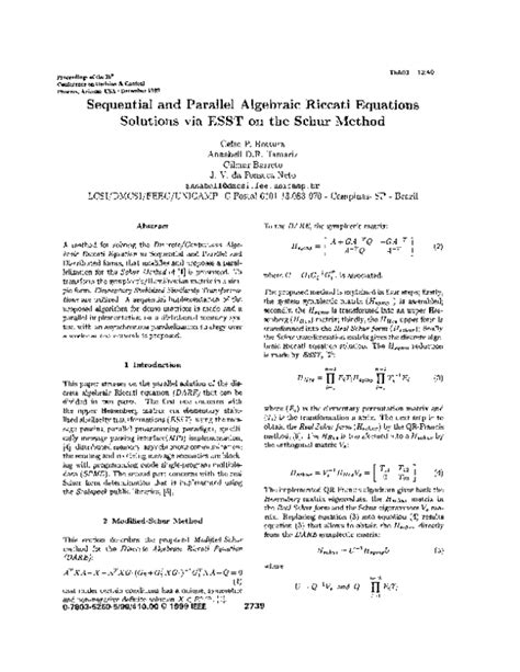 Pdf Sequential And Parallel Algebraic Riccati Equations Solutions Via Esst On The Schur Method