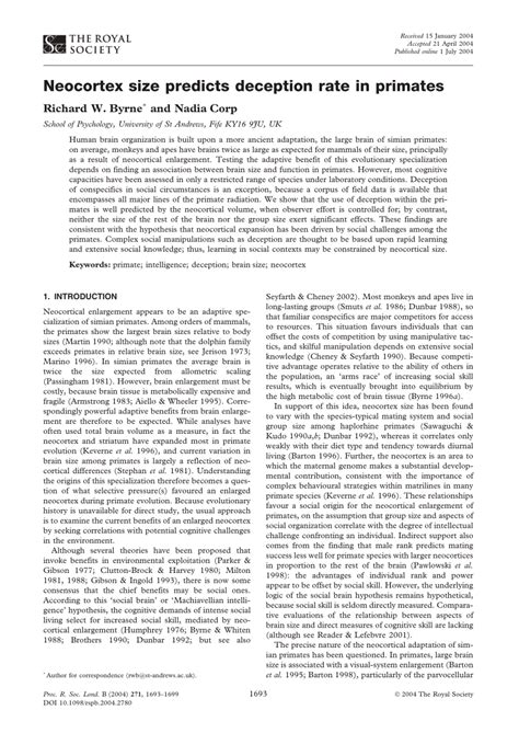 Pdf Neocortex Size Predicts Deception Rate In Primates