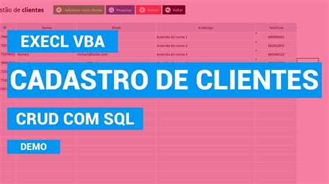 excel vba cadastro de clientes crud sql 1 demo youtube