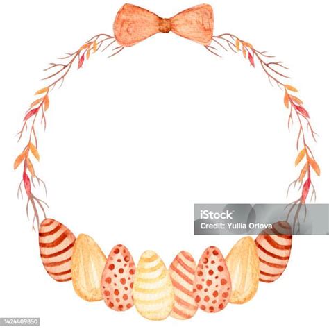 달걀 식물 요소 및 흰색 배경에 고립 된 갈색 색상의 활이있는 수채화 부활절 화환 0명에 대한 스톡 벡터 아트 및 기타 이미지