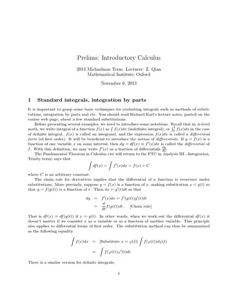 Prelims Introductory Calculus 2013 Pdf Integral Ordinary Differential Equation