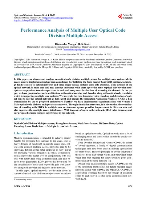 Pdf Performance Analysis Of Multiple User Optical Code Division Multiple Access