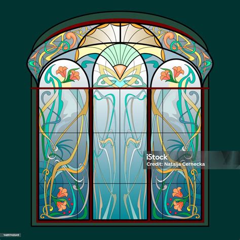 아름 다운 화려한 아르누보 스테인드 글라스 창입니다 럭셔리한 인테리어를 위한 독점적인 제안 Jugendstil 건축 스타일입니다