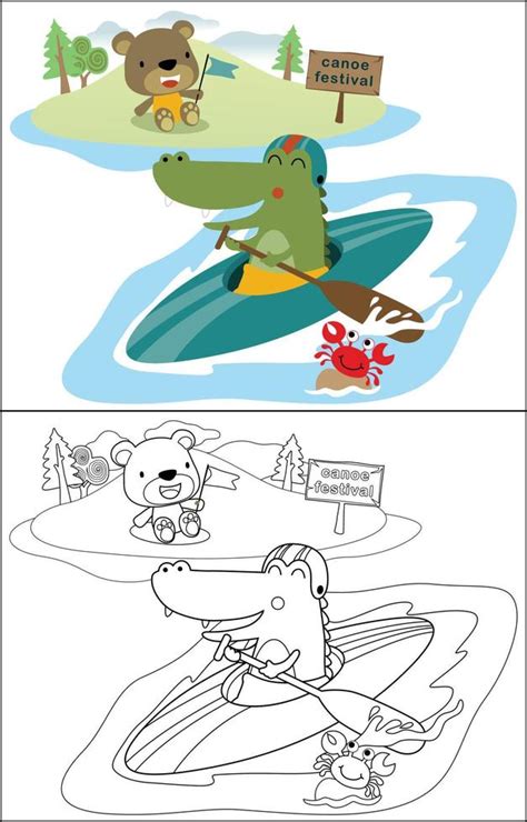 Vector Cartoon Of Funny Crocodile On Canoe In River Crab On Stone