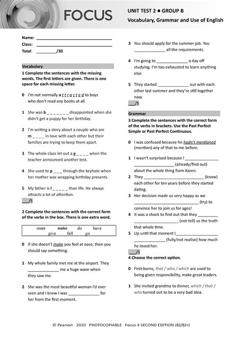 Focus 4 2E Unit Test Vocabulary Grammar Uo E Unit2 Group B UNIT TEST