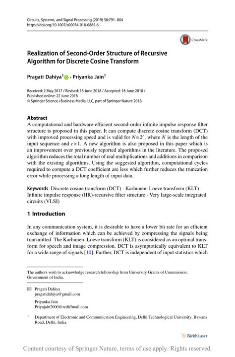 Realization Of Second Order Structure Of Recursive Algorithm For Discrete Cosine Transform