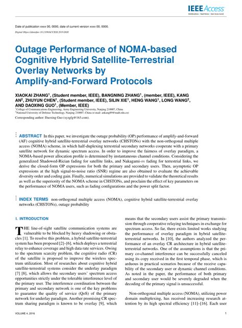 Pdf Outage Performance Of Noma Based Cognitive Hybrid Satellite Terrestrial Overlay Networks
