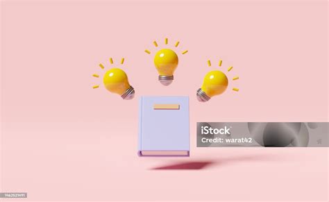교과서가 있는 노란색 전구 분홍색 배경에 격리된 책 아이디어 팁 교육 지식은 아이디어 개념 최소 추상 3d 렌더링 그림을