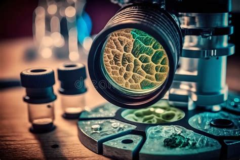 Close Up Shot Of Microscope With Metal Lens At Laboratory Neural