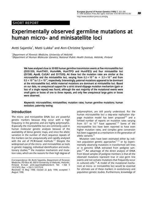 Pdf Experimentally Observed Germline Mutations At Human Micro And Minisatellite Loci