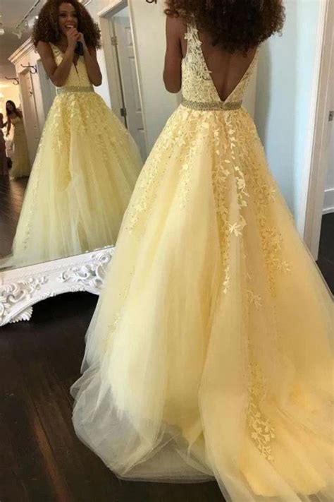A Line V Neck Tulle Appliques Long Prom Dress Jkq127 Anna Promdress