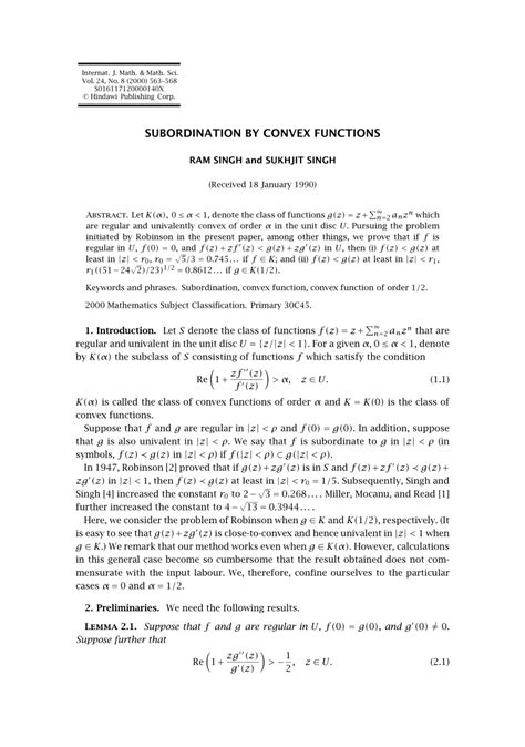 Pdf Subordination By Convex Functions