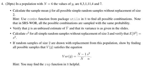 solved 4 20pts in a population with n 6 the values of yi