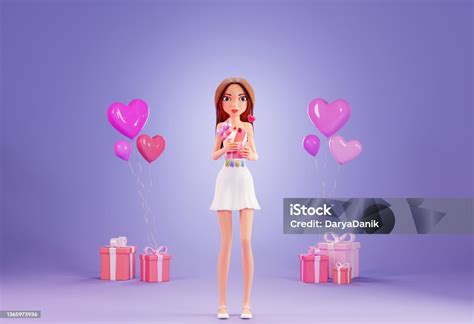 놀란 여자가 선물을 엽니다 발렌타인 데이 배너 3d 렌더링 여자는 전화로 선물 상자를 엽니 다 기프트 컨셉 인사말 카드 3차원