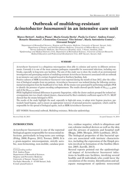 Pdf Outbreak Of Multidrug Resistant Acinetobacter Baumannii In An Intensive Care Unit