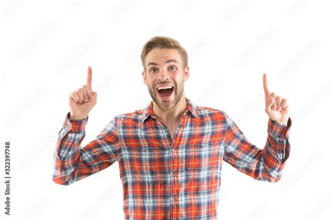 Check It Out Look There Man Pointing At Copy Space Man Muscular Handsome Unshaven Guy White