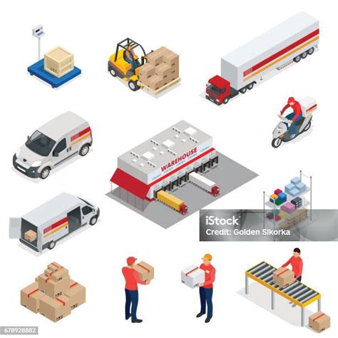 아이소메트릭 물류 아이콘 다른 교통 배포 차량 배달 요소 설정합니다 큰 숫자를 수행 하도록 설계 된 차량 배달 자동차에 대한