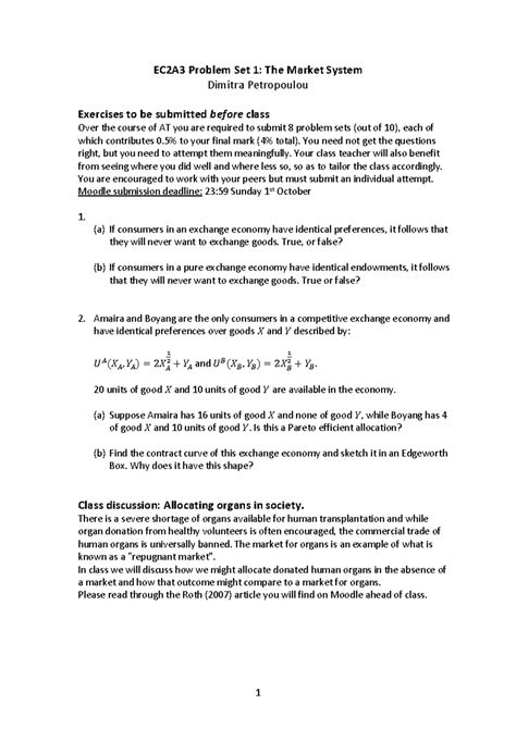 Problem Set Ps EC A Problem Set The Market System Dimitra Petropoulou Exercises To