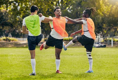 Sports Men Training And Outdoor Rugby On A Grass Field With A Team